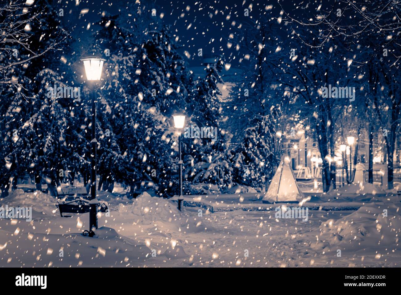 Winter night park with lanterns, fountain, pavement and trees covered ...