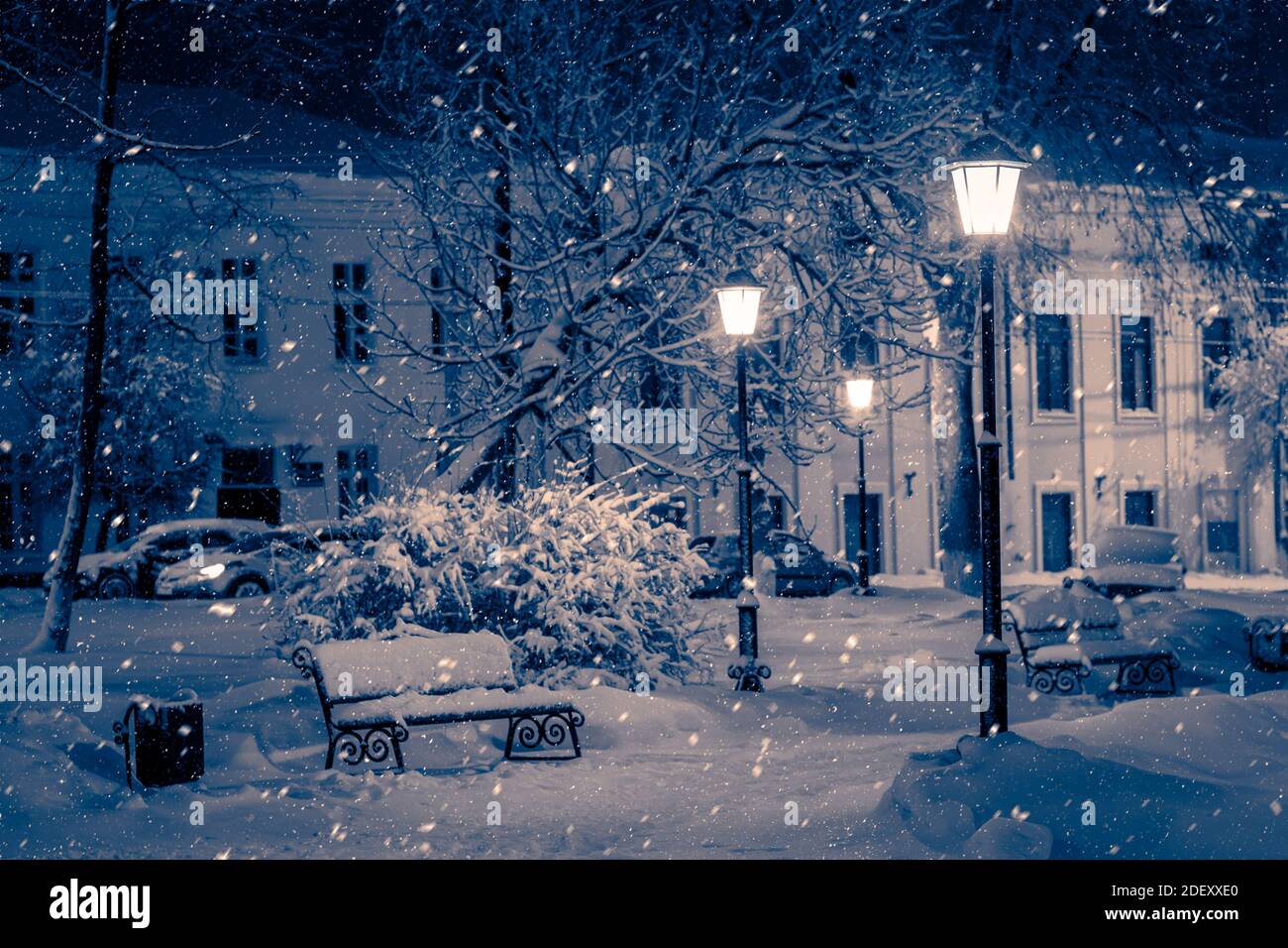 Winter night park with lanterns, benches, pavement and trees covered ...