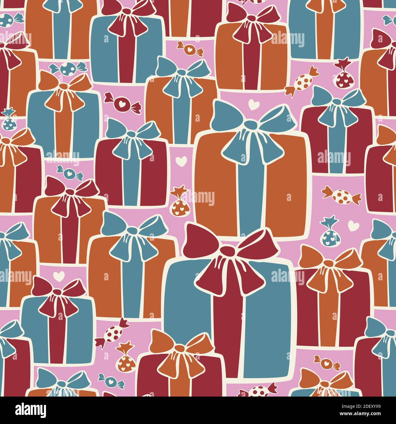 Vector seamless pattern of different colorful gift boxes and candies ...