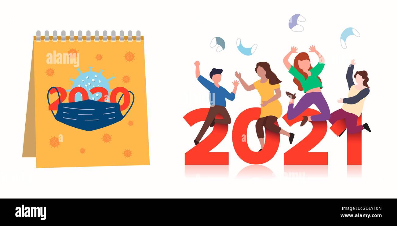 Illustration of happy people celebrating 2021 new year without a face ...