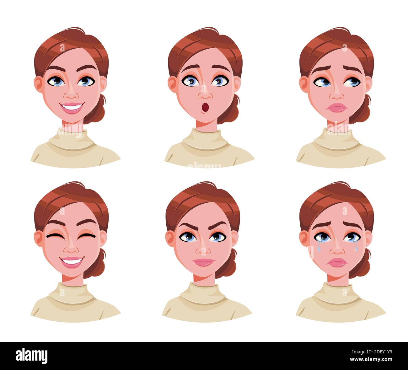 Face Expressions Of Cute Woman With Brown Hair Different Female