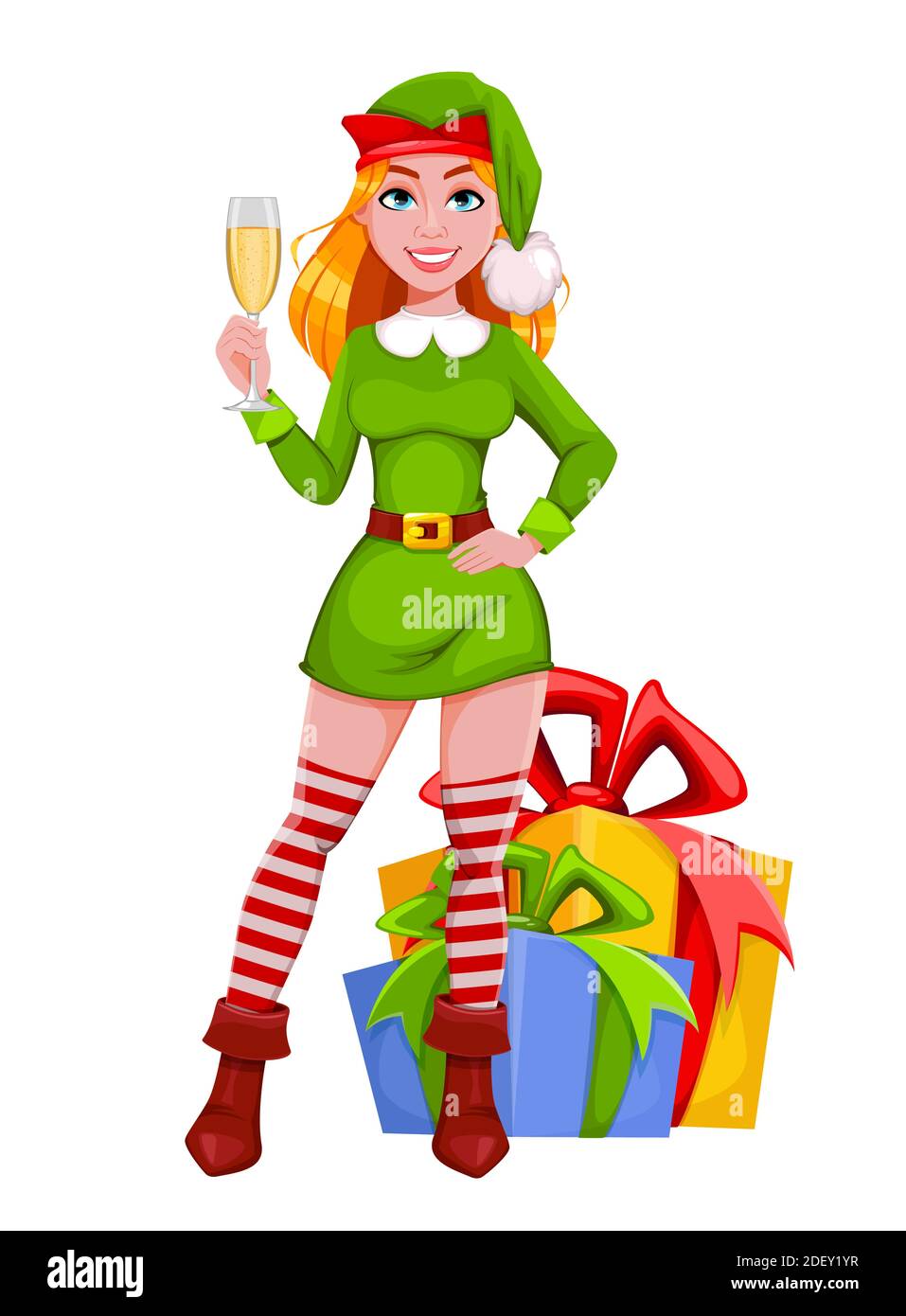 Stock vector Christmas lady elf cartoon character holding a glass of ...