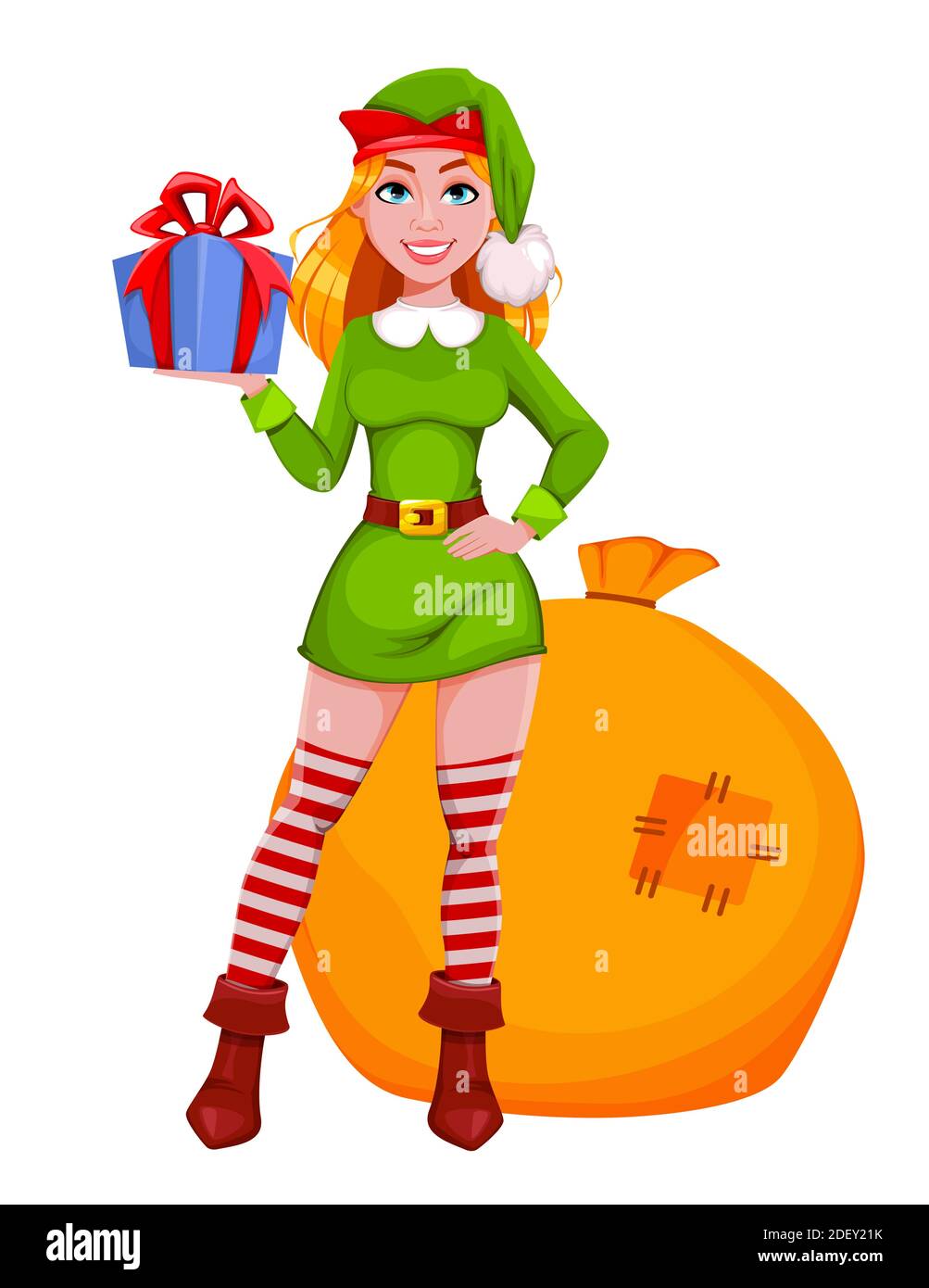 Stock vector Christmas lady elf cartoon character holding gift box ...