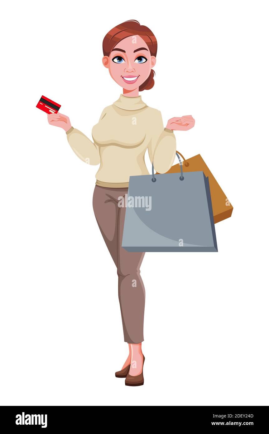 Stock vector. Young beautiful business woman goes shopping. Pretty ...