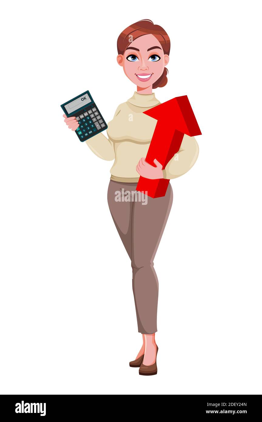 Stock vector. Young beautiful business woman holding calculator and red ...