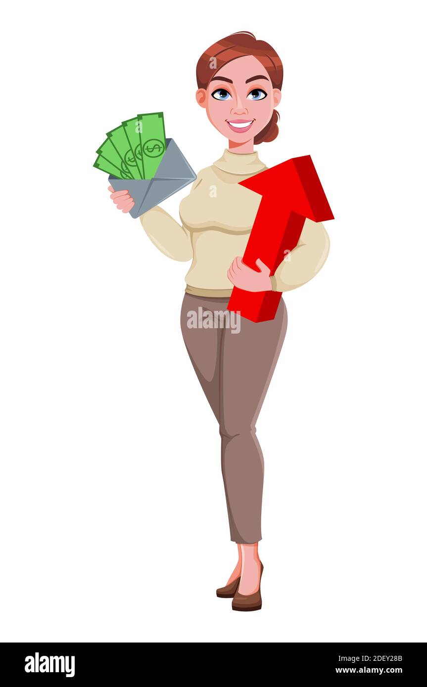 Stock vector. Young beautiful business woman holding money and red ...