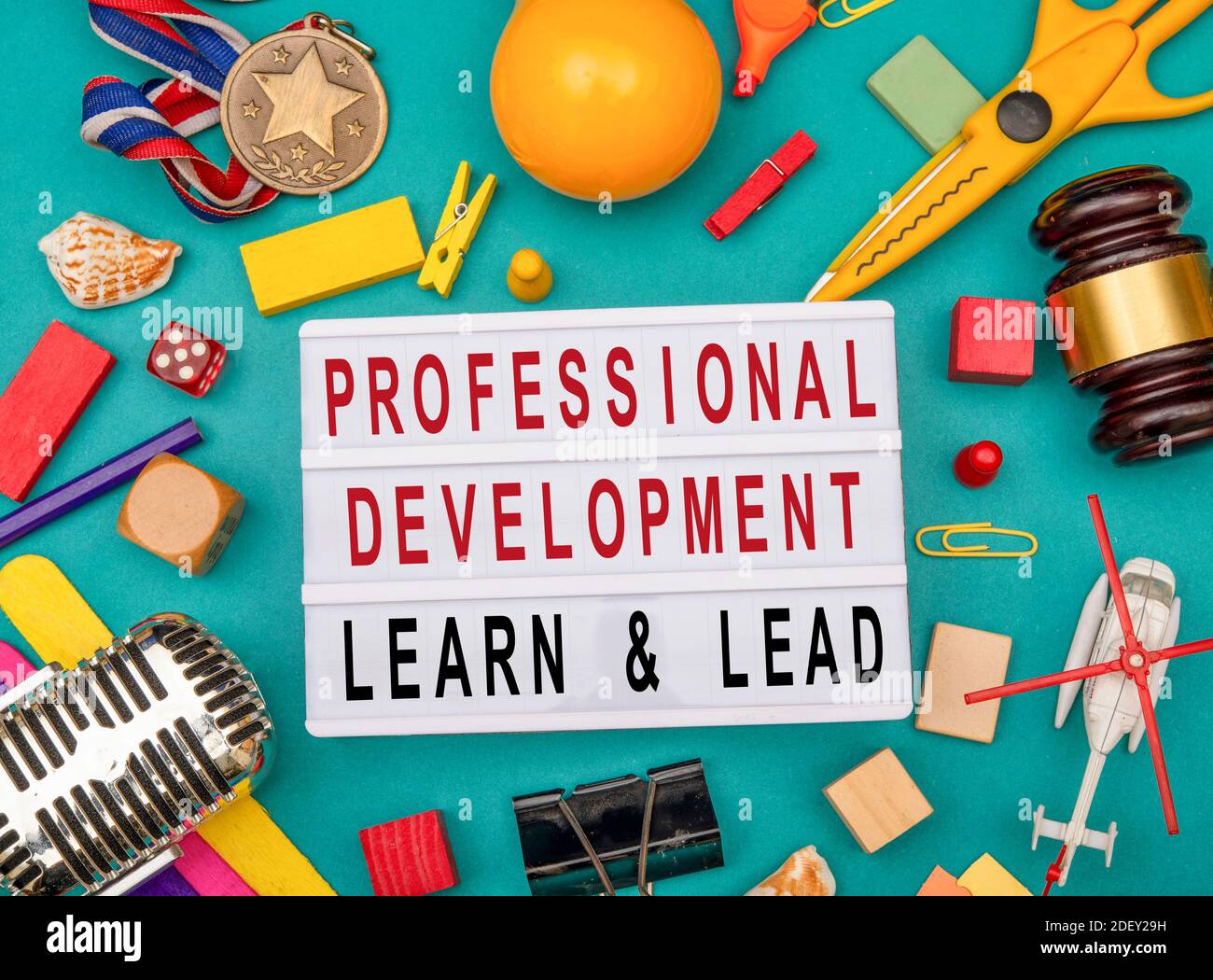 Professional development sign with office stationery top view Stock ...