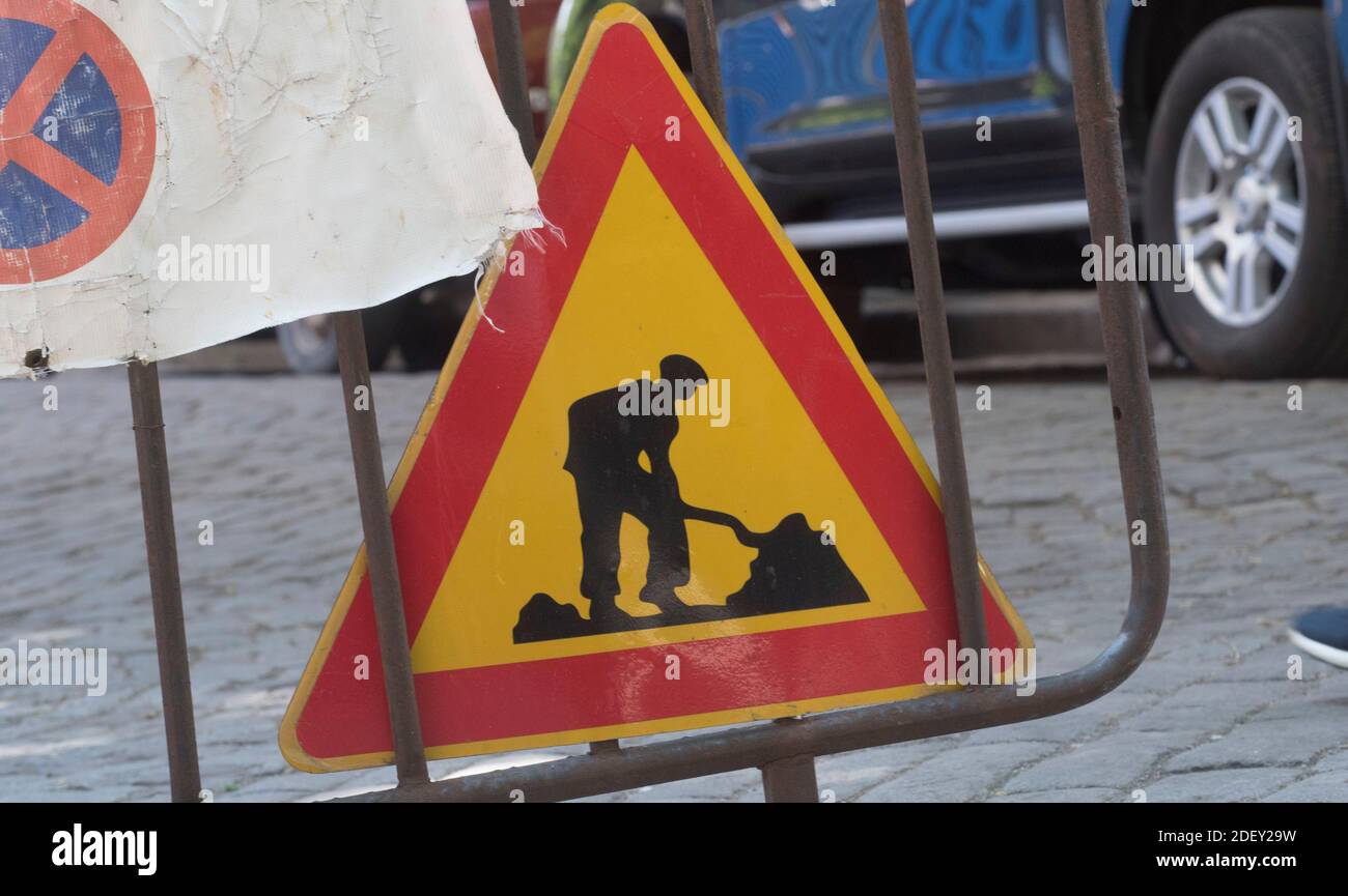 a road works traffic sign, road construction and traffic infrastructure ...