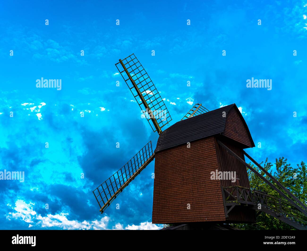 Traditional medieval wind mill made from wood and build to make flour ...