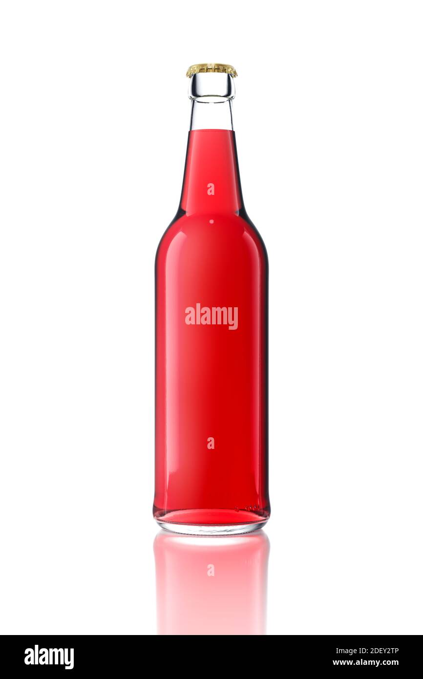 One transparent glass bottle without label. Bottle with red liquid ...