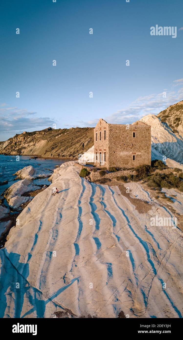 Punta Bianca, Agrigento in Sicily Italy White beach with old ruins of ...