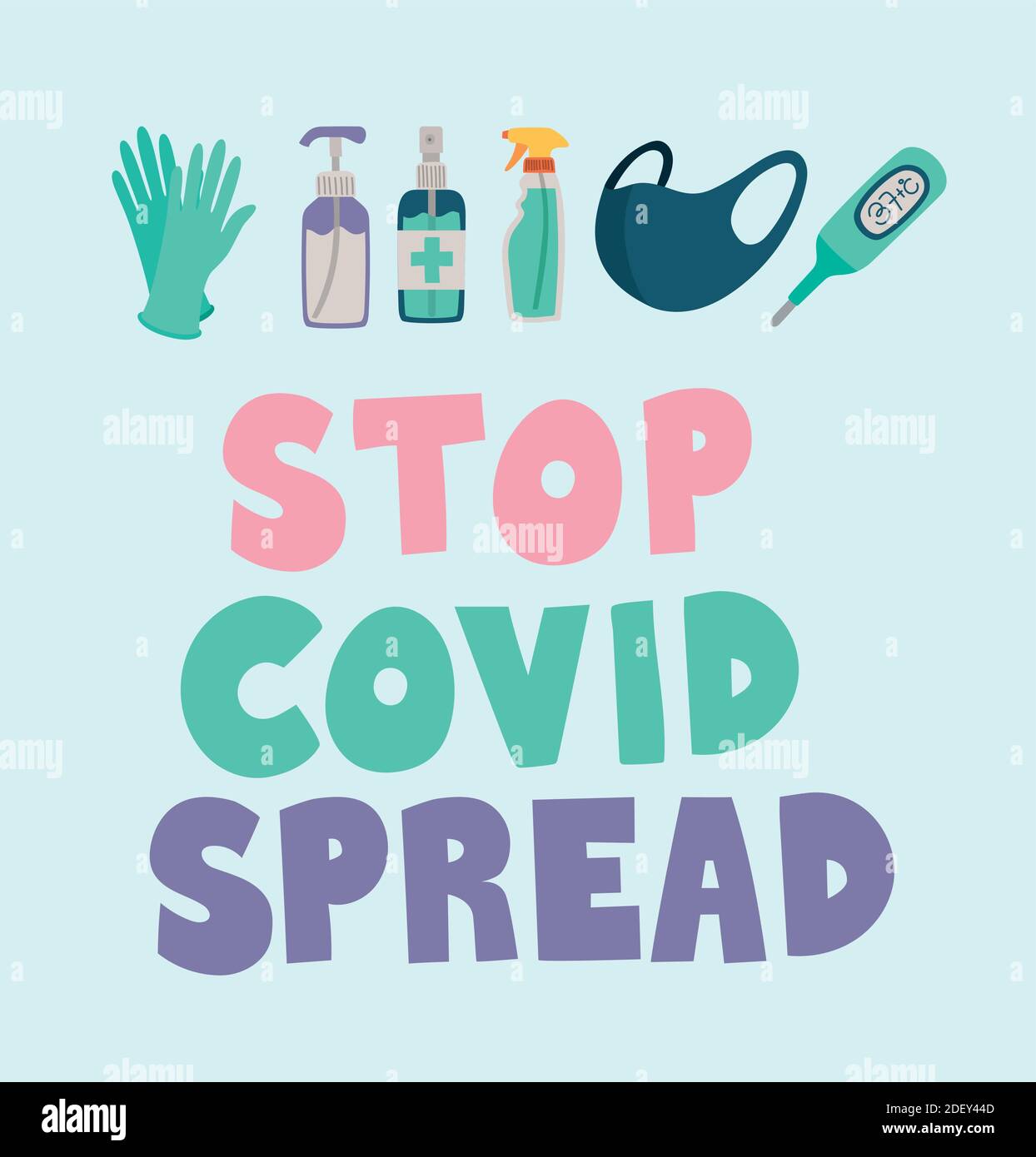 stop covid spread lettering in color with gloves, bottles, safety mask ...