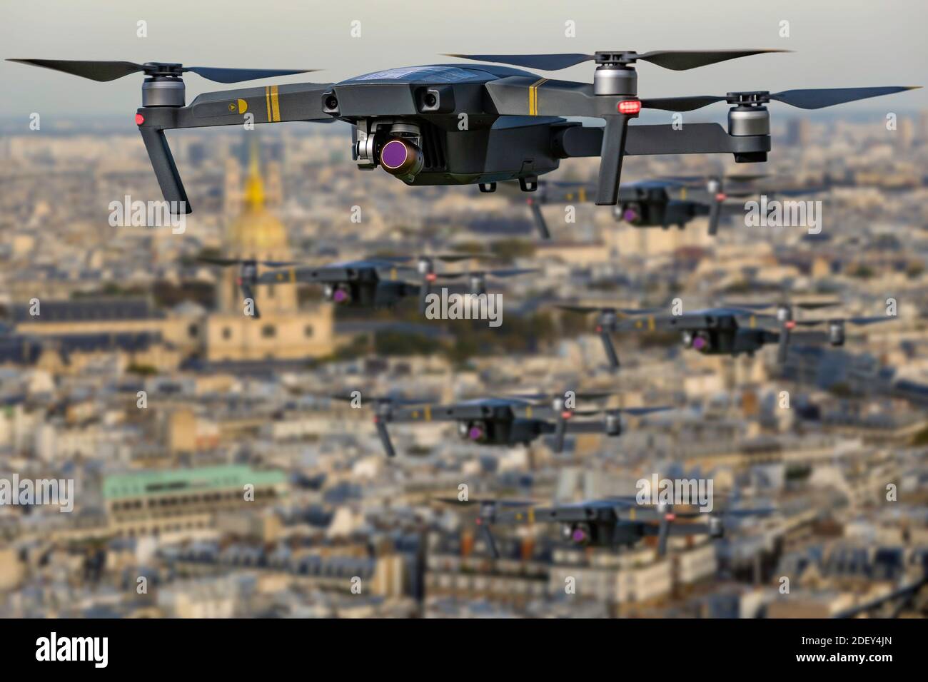 Police unmanned aircraft system, Drone flying above a neighborhood and ...