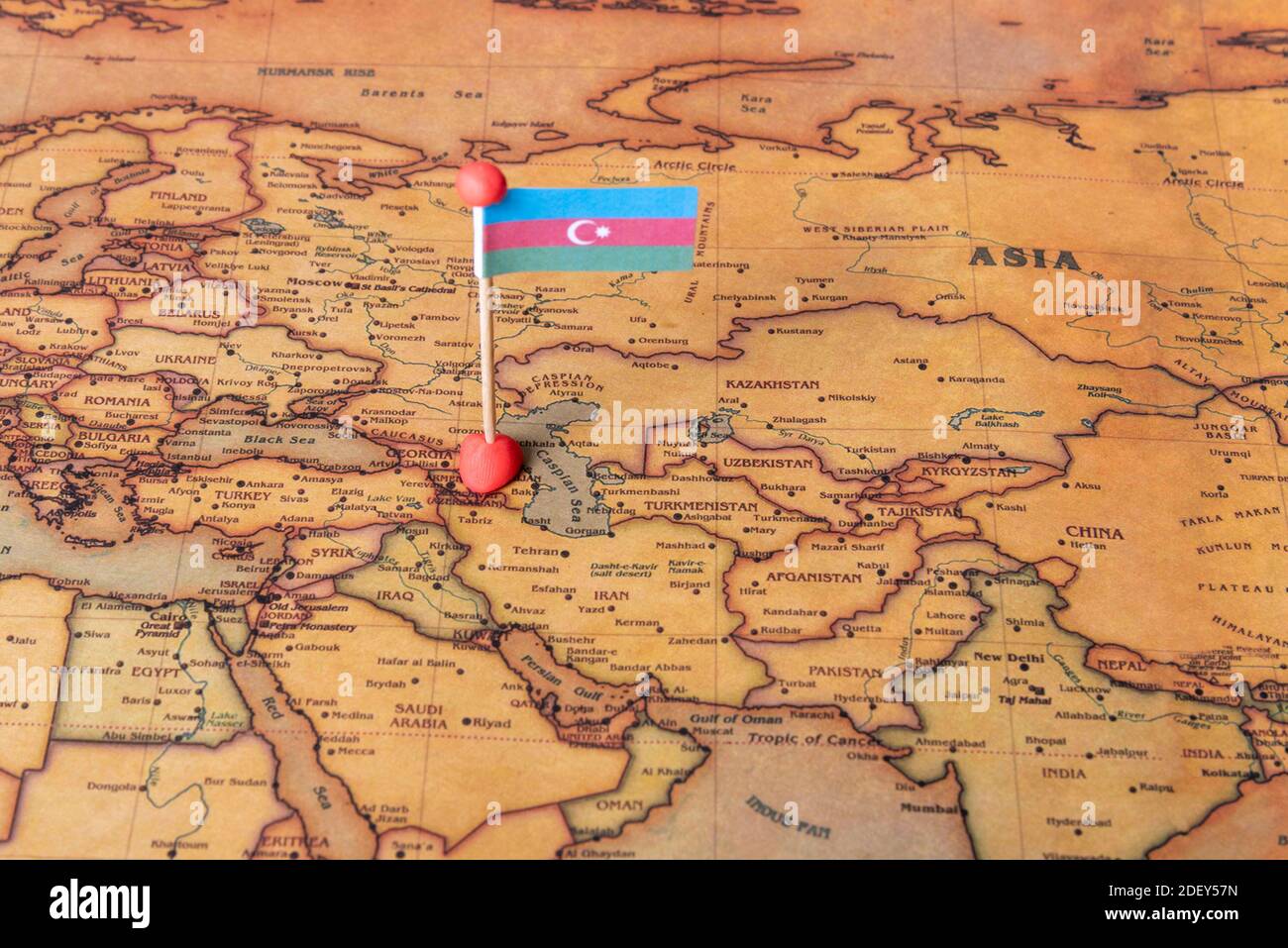 Azerbaijan is marked with a flag on the map. Flag of Azerbaijan on the ...