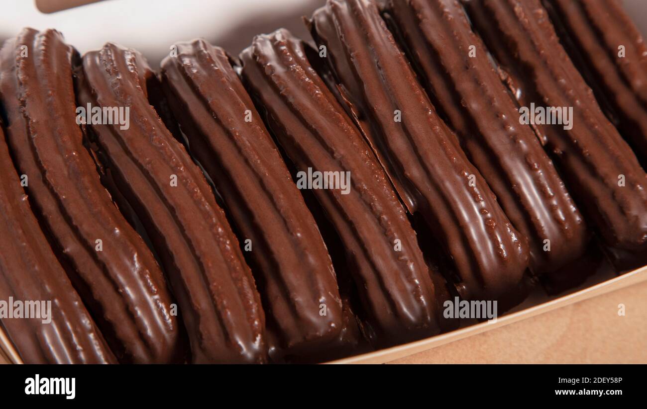 Closed up image of traditional Spanish fried dough churros with ...