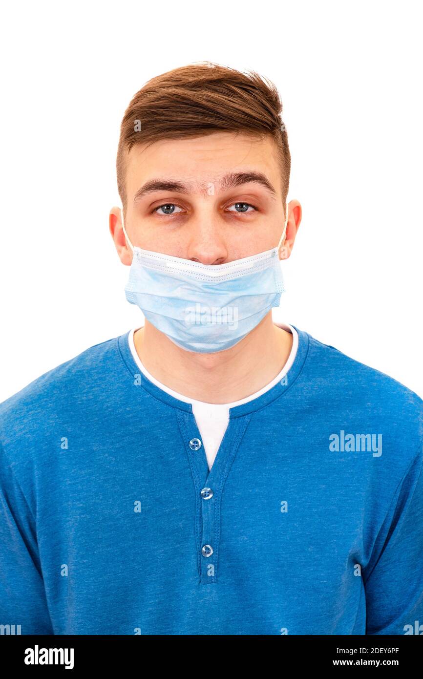 Portrait of Young Man in a Flu Mask with opened Nose Isolated on the ...