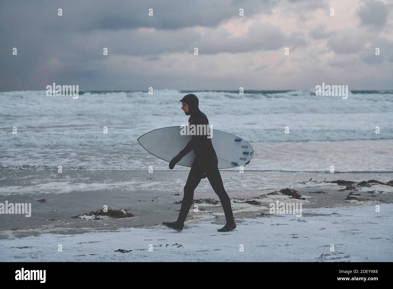 Arctic surfer going by beach after surfing Stock Photo - Alamy