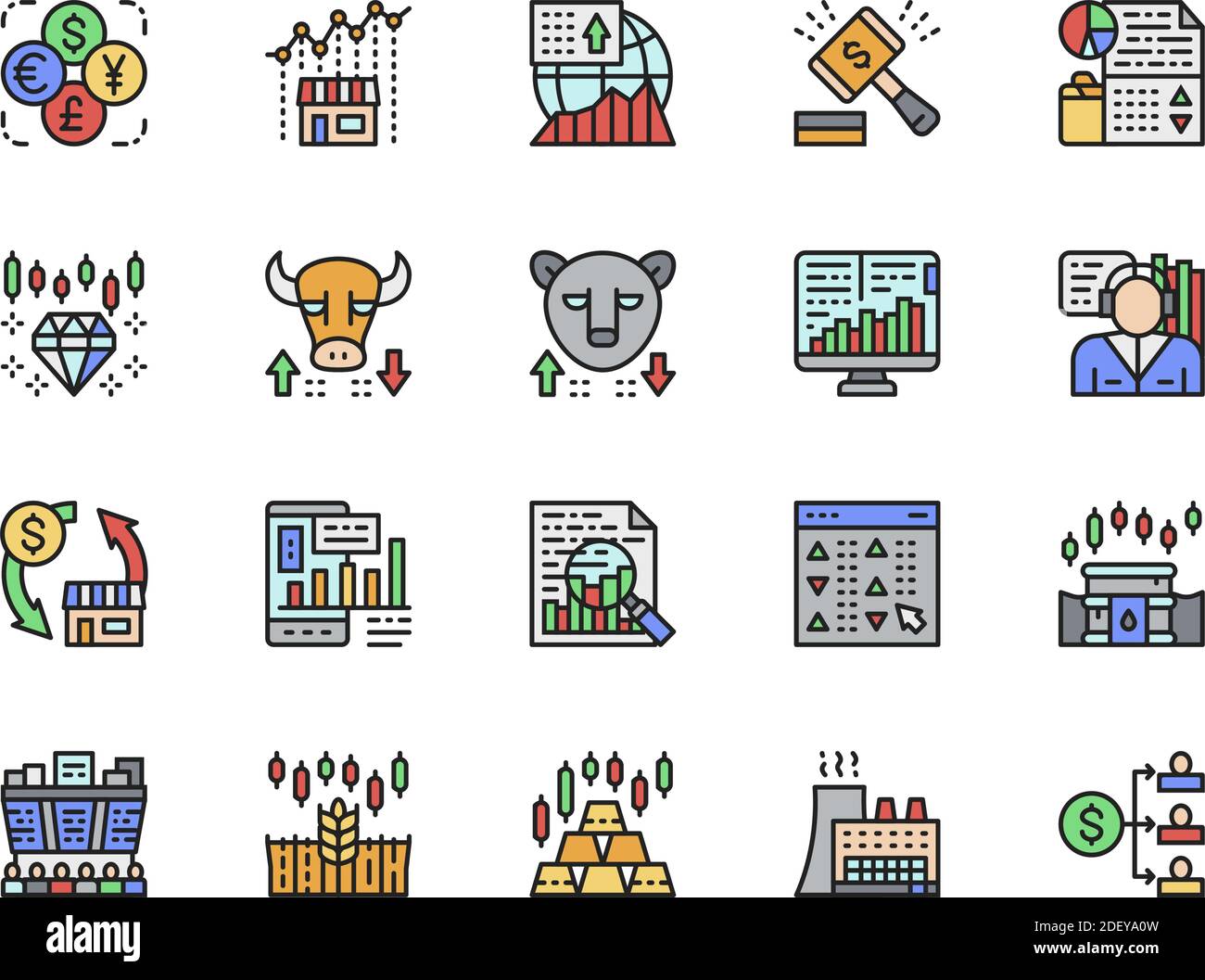 Set of Stock Market Color Icons. Bull and Bear Market, Trader, Dividend ...