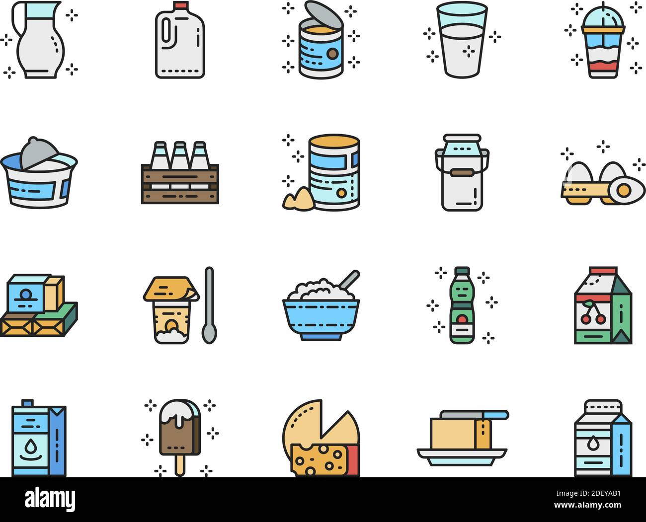 Set of Dairy Products Flat Color Icons. Milk, Cream, Kefir, Yogurt ...