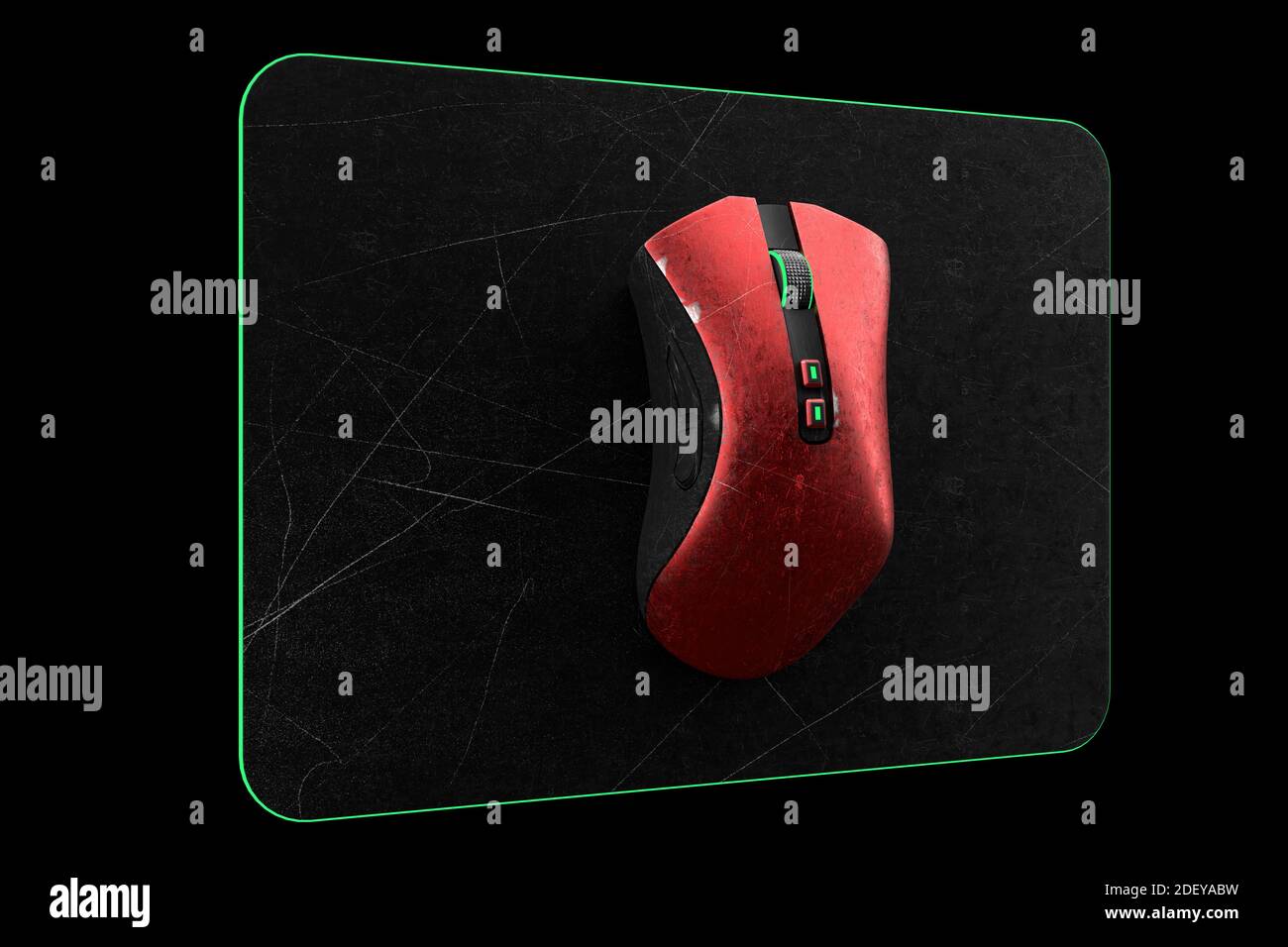 Used metal red gaming mouse with scratches on professional pad isolated ...