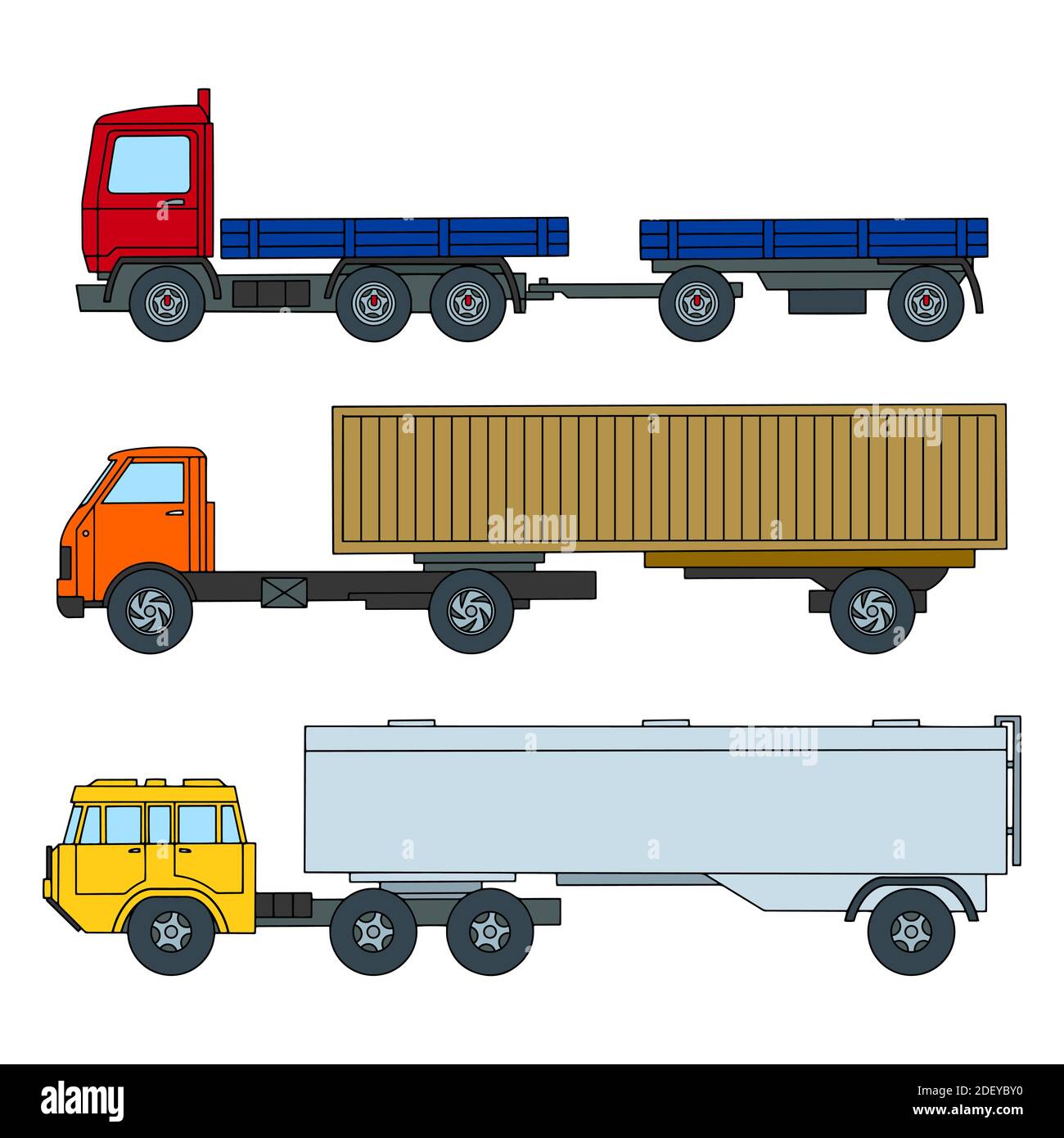 Set of trucks with trailers. Cartoon style. Color vector illustration ...