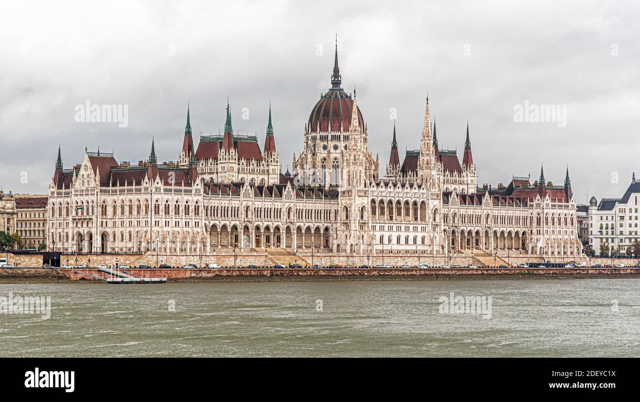 The Hungarian Parliament building on a rainy fall day in Budapest, the ...