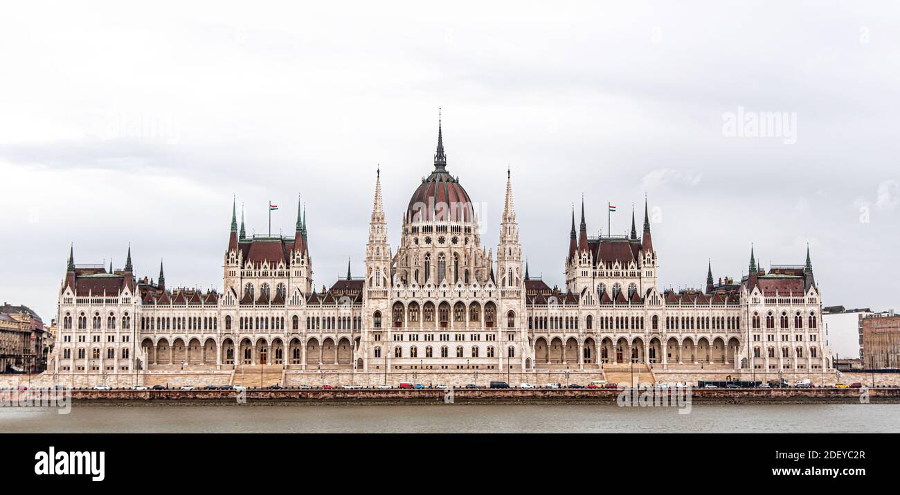 The Hungarian Parliament building on a rainy fall day in Budapest, the ...