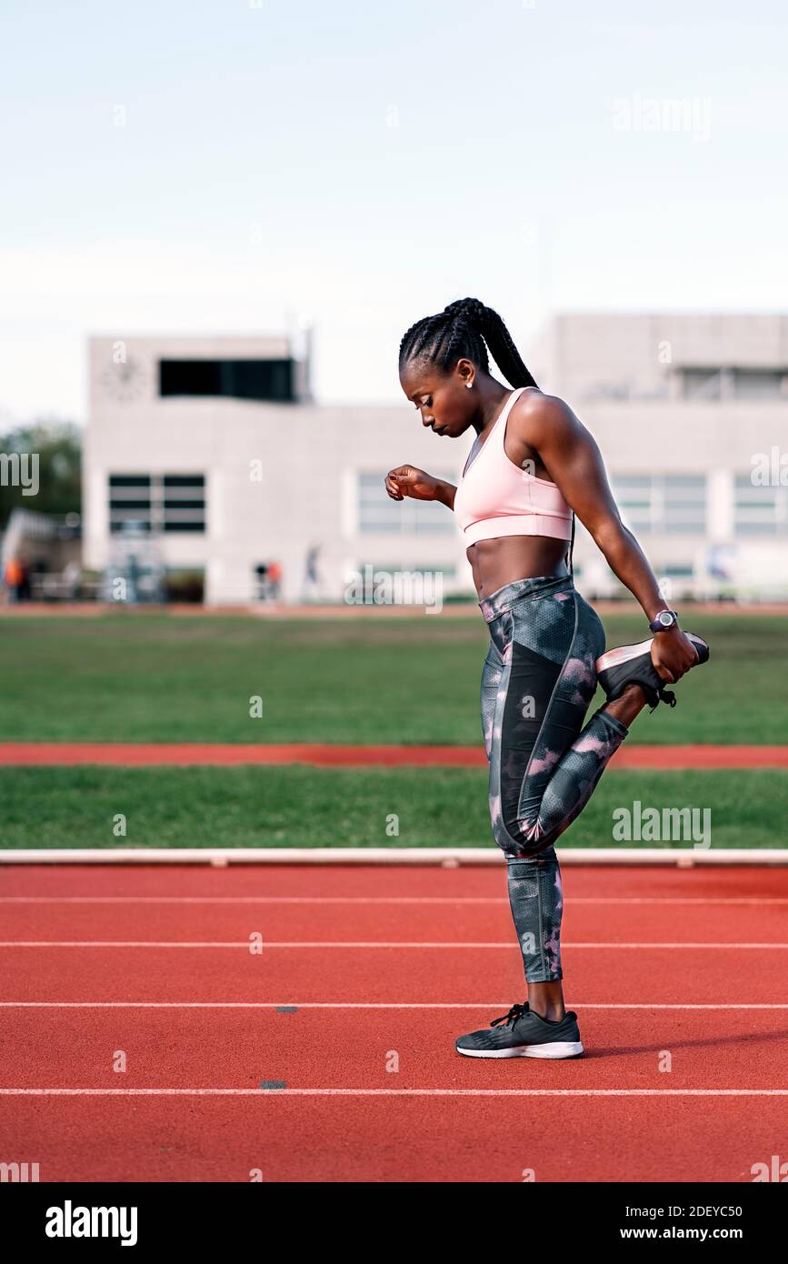 Stock photo of an African-American sprinter stretching her legs before ...