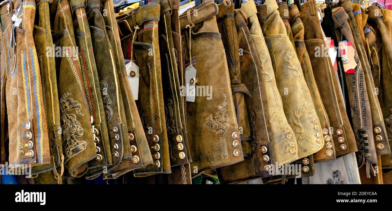 row of short traditional leather trousers on a display stand Stock ...