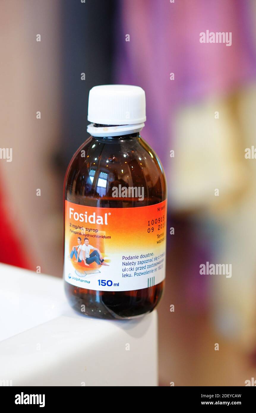 POZNAN, POLAND - Apr 07, 2016: Fosidal syrup medicine in a small bottle ...