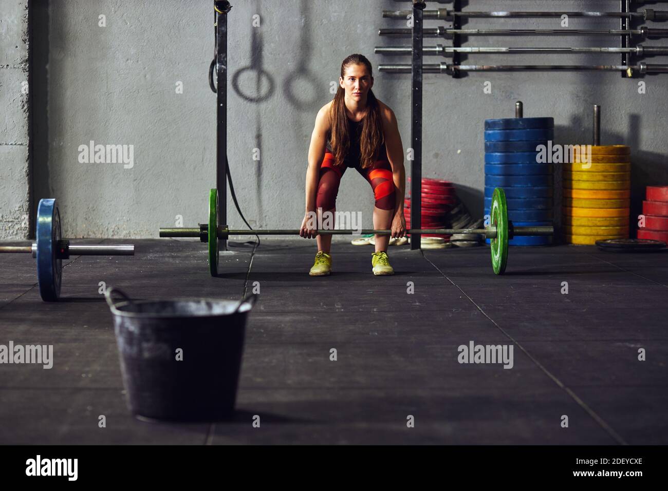Stock photo of an adult woman in a gym squatting down and lifting a ...