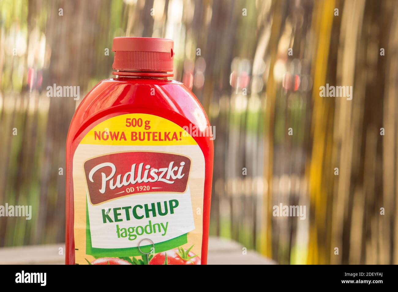 POZNA, POLAND - Jun 28, 2016: Polish Pudliszki Ketchup Lagodny in a red ...