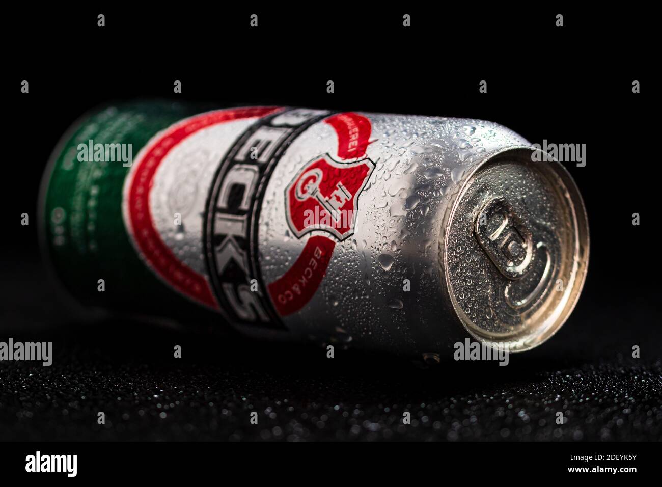 Condensation water droplets on Beck`s beer can isolated on black ...