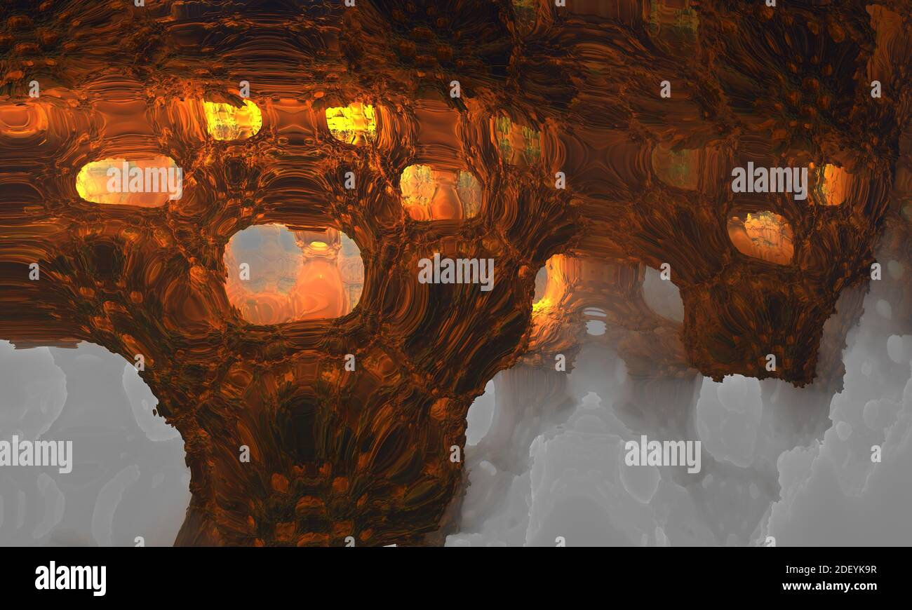 Fantastic image of rocks with caves hanging in the air. 3d illustration ...