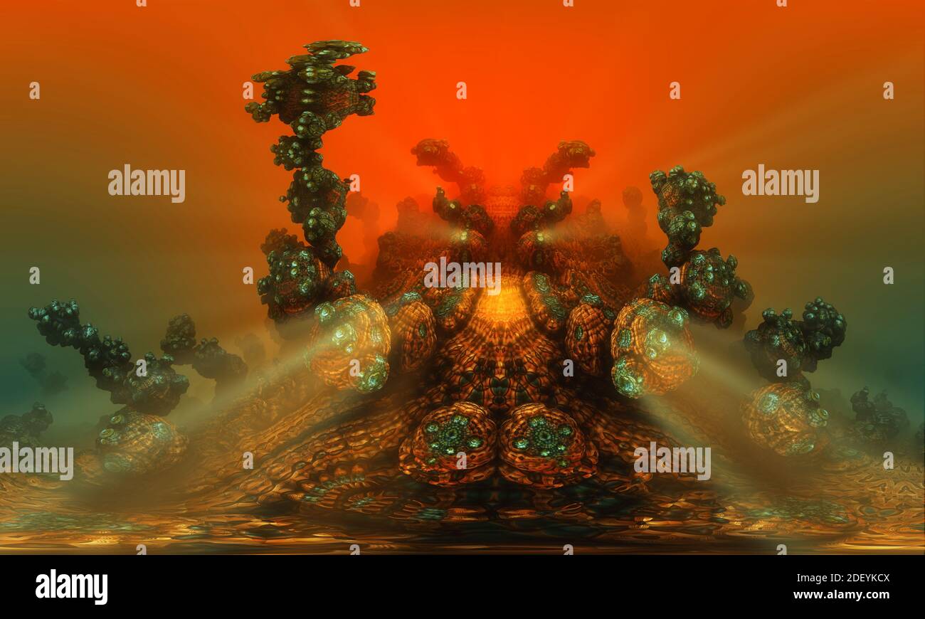 3d illustration, fractal. fantastic image of a mountain with rays of ...