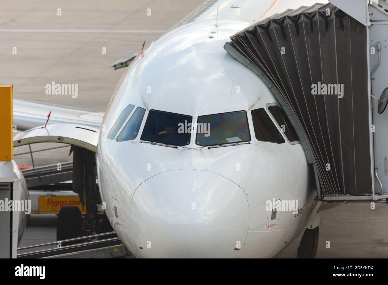 Front view of an Airbus a320 type jet on the airport apron. Jet bridge ...