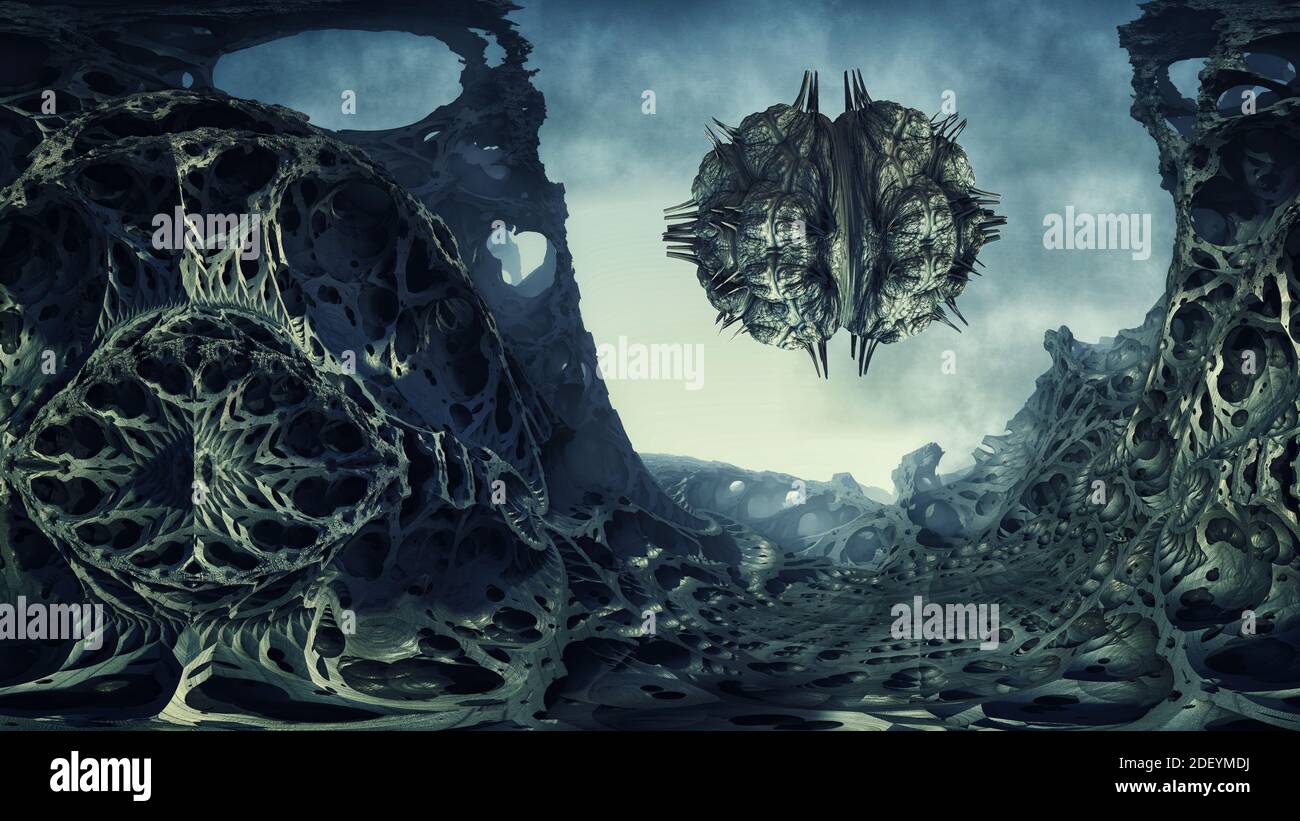 3d illustration, fantastic landscape, with a strange flying object ...