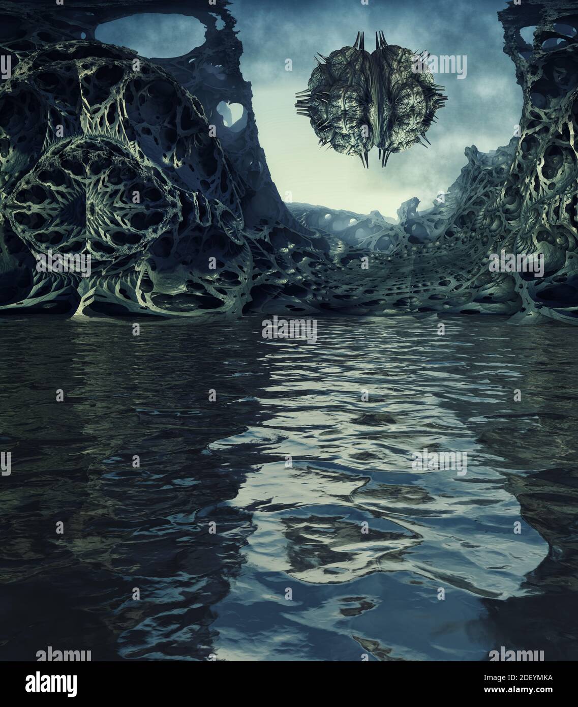 Fantastic 3d image of a flying object above the water, surrounded by ...