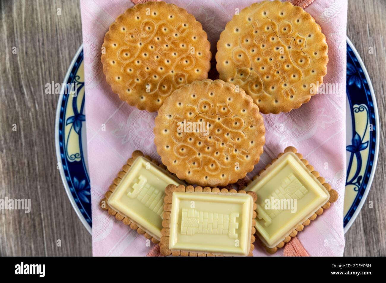 food combination with biscuits on a wooden table from above Stock Photo ...