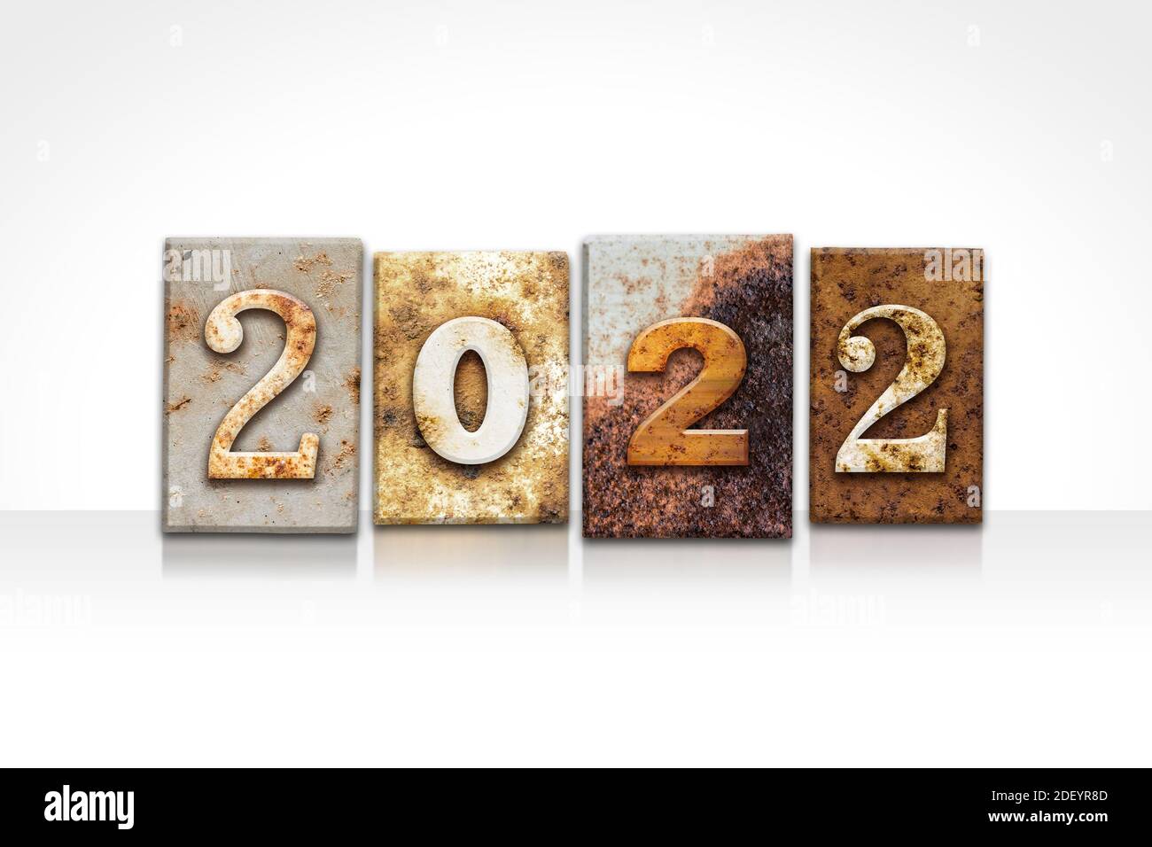 The year 2022 written in old vintage letterpress type isolated on a ...