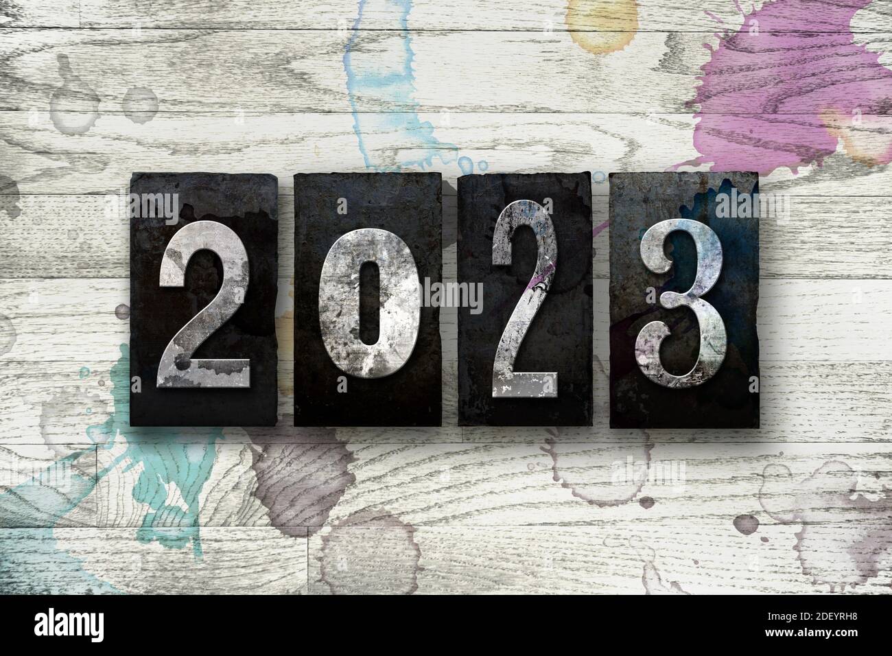 The year 2023 written in old vintage letterpress type Stock Photo - Alamy