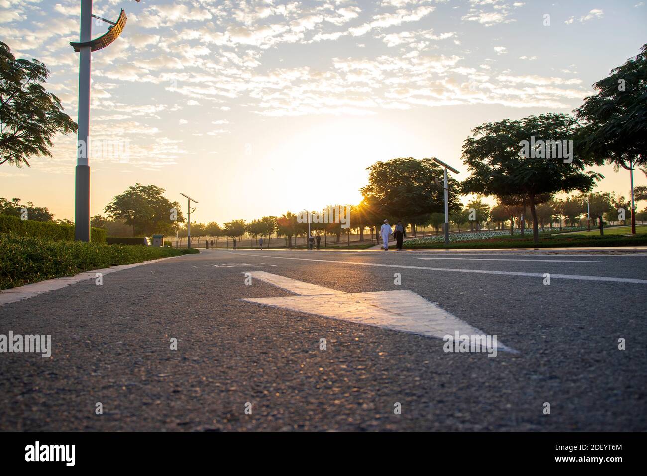 Jogging and cycling tracks in Al Warqa park, Dubai, UAE early in the ...