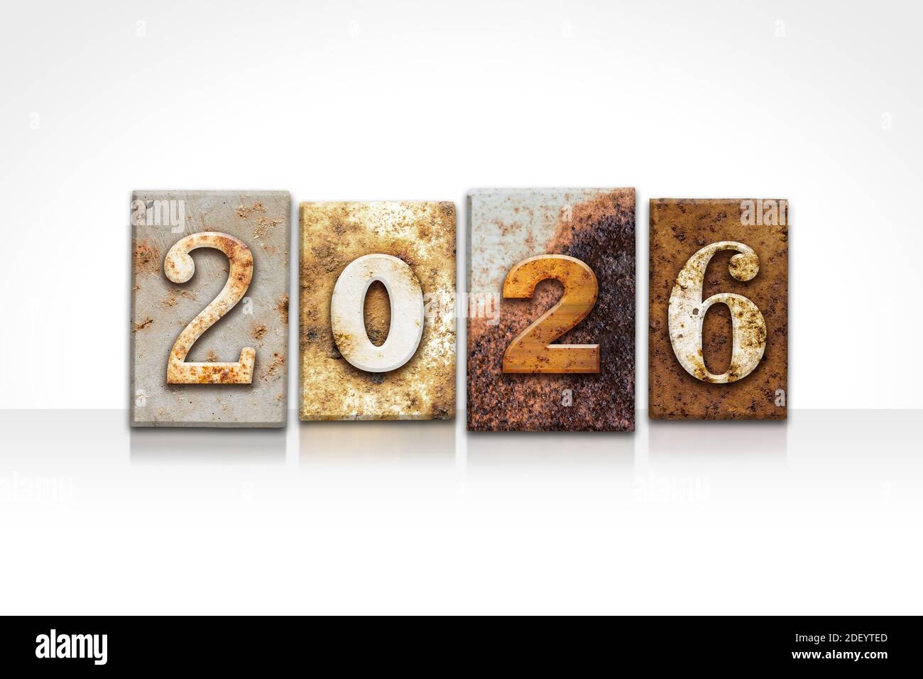The year 2026 written in old vintage letterpress type isolated on a ...