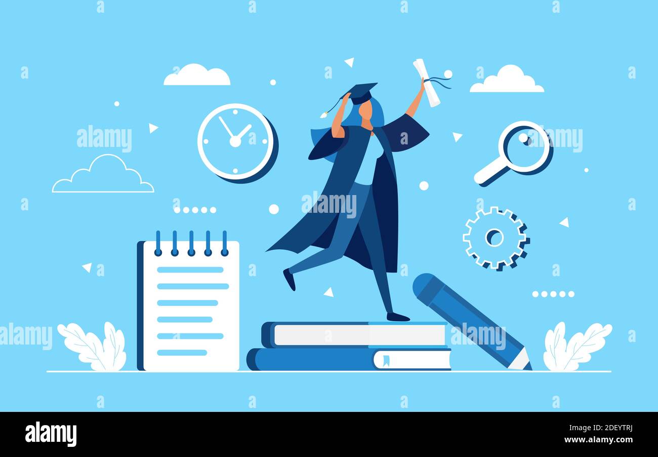 Graduate celebration concept vector illustration. Cartoon happy woman ...