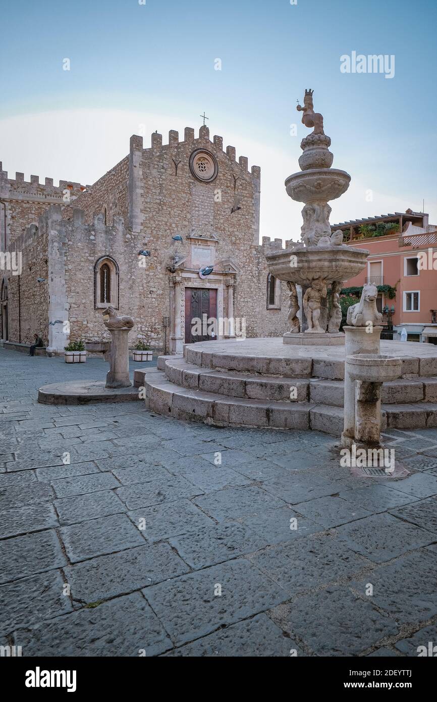 Taormina Sicily, Belvedere of Taormina and San Giuseppe church on the ...