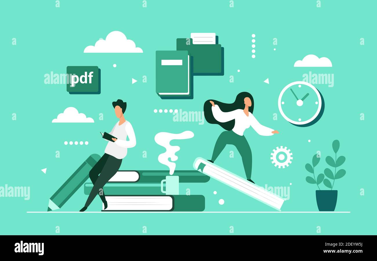 People read books vector illustration. Cartoon tiny characters studying ...