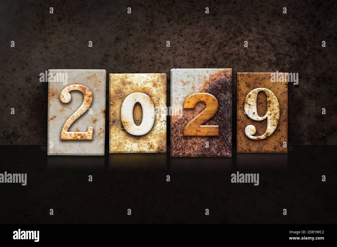 The year 2029 written in old vintage letterpress type Stock Photo - Alamy