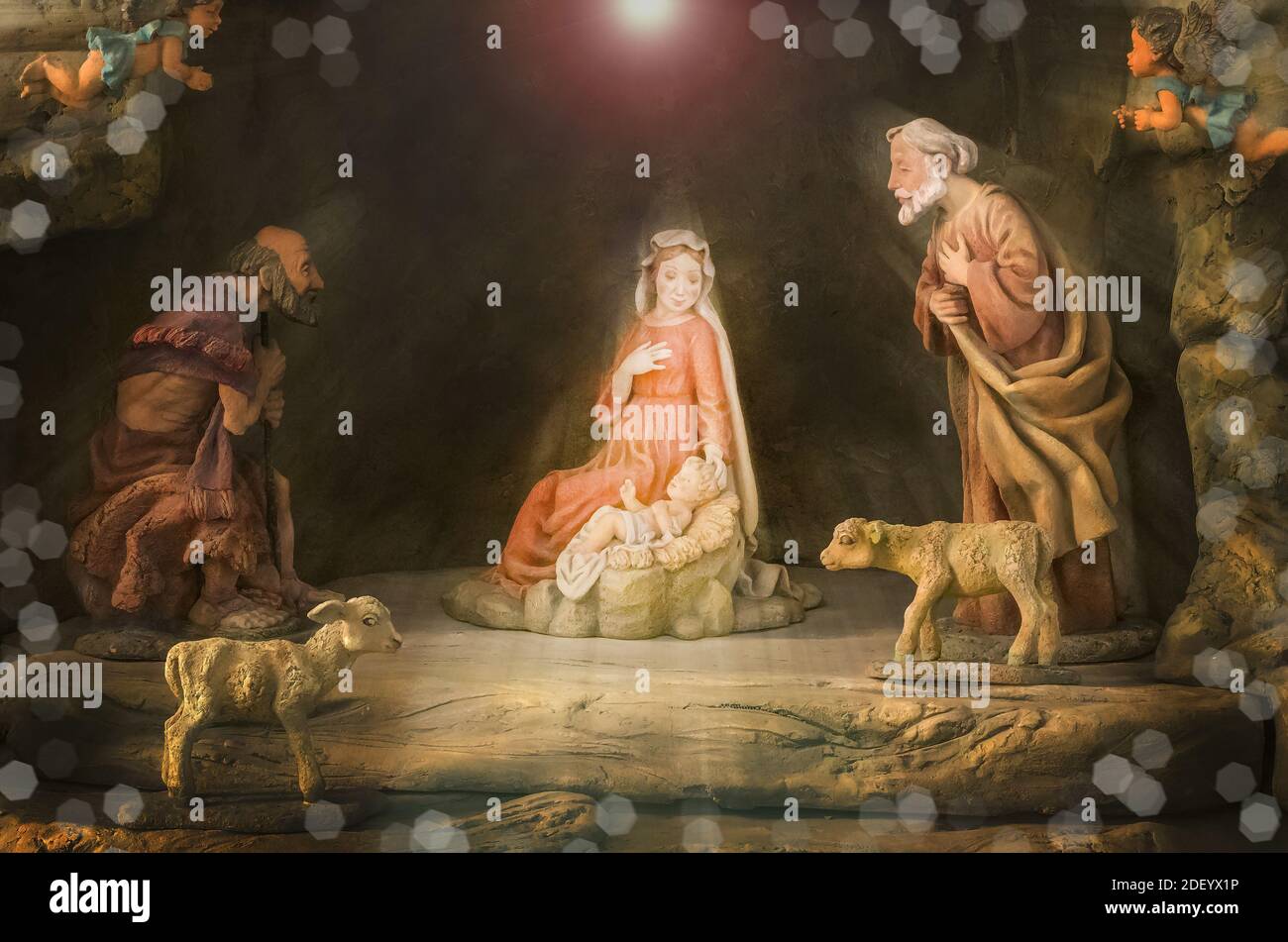 Christmas nativity scene with clay figurines in the form of Jesus, Mary ...