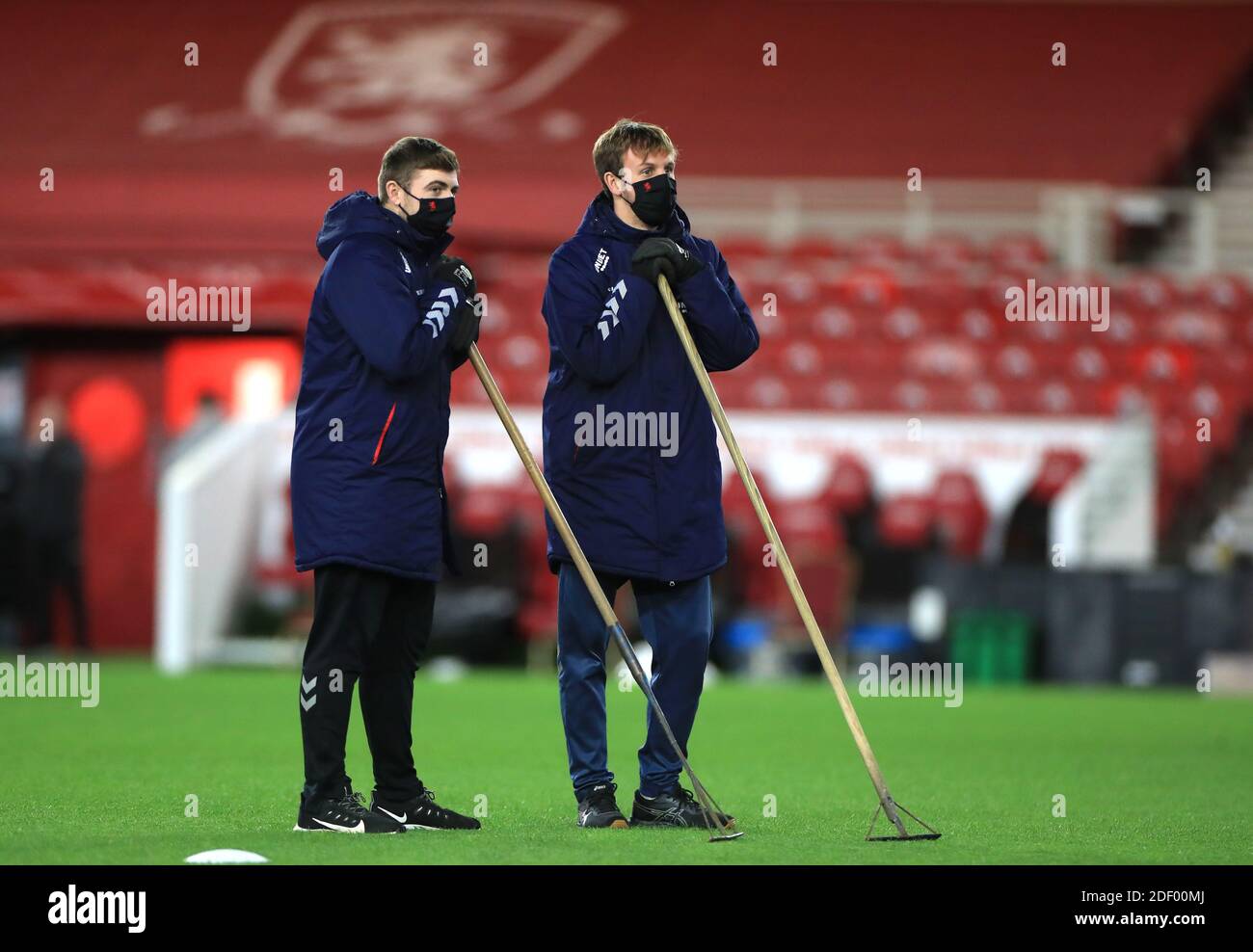 Ground staff tend to the pitch at the Riverside Stadium, Middlesbrough ...