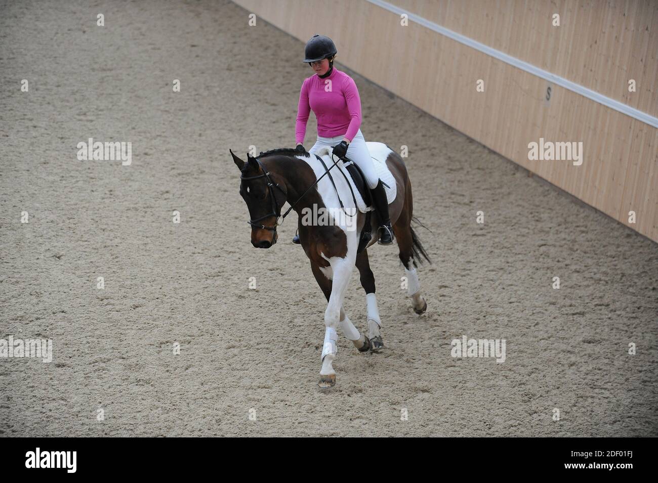 A Women riding her horse in an indoor Riding School Stock Photo - Alamy